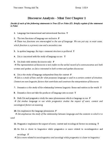 Mini Test Chapter 1 Discourse Analysis Pdf Context Language Use Discourse