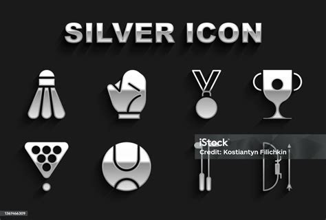 세트 테니스 공 수상 컵 활과 떨림에 화살표 골프 클럽 당구 공 랙 삼각형 메달 배드민턴 셔틀콕과 야구 장갑 아이콘 벡터 가죽에 대한 스톡 벡터 아트 및 기타 이미지