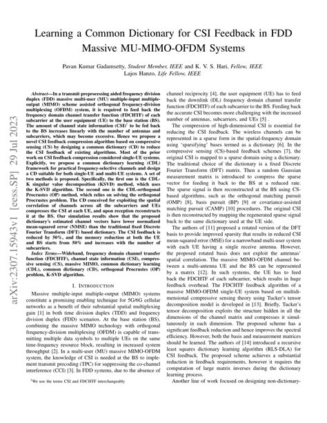 Pdf Learning A Common Dictionary For Csi Feedback In Fdd Massive Mu Mimo Ofdm Systems