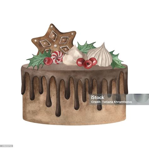 사탕 머랭 진저 브레드 딸기 및 호랑가시나무 잎으로 장식 된 아이싱을 곁들인 초콜릿 케이크 디저트 일러스트는 흰색 배경에 수채화로 그려져 있습니다 포장의 디자인을 위해