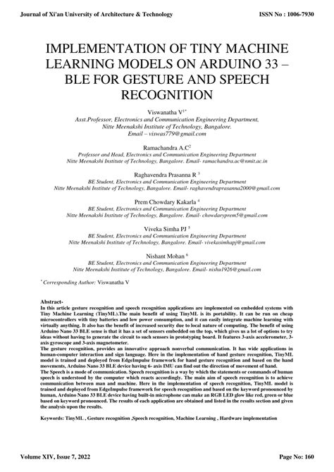 Pdf Implementation Of Tiny Machine Learning Models On Arduino Ble For Gesture And Speech