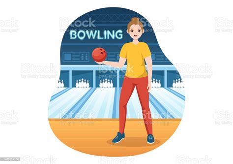 스포츠 클럽에서 핀 공 및 점수판이 있는 볼링 게임 그림 웹 배너 또는 평면 만화 손으로 그린 템플릿의 방문 페이지 개념에 대한 스톡 벡터 아트 및 기타 이미지 Istock