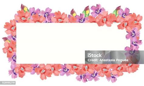 분홍색과 보라색 꽃과 녹색 잎 꽃 사각 프레임 손 그리기 일러스트 레이 션 디자인 및 장식 계절에 대한 스톡 벡터 아트 및 기타