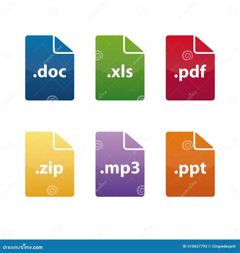 Set Of Format And Extension Of Documents File Types Doc Xls Pdf Zip Mp3 Ppt Stock Vector