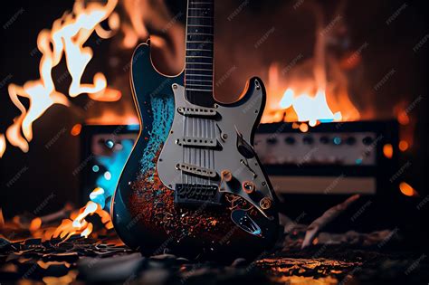 Premium Photo Electric Guitar In Front Of Burning Fireplace Electric