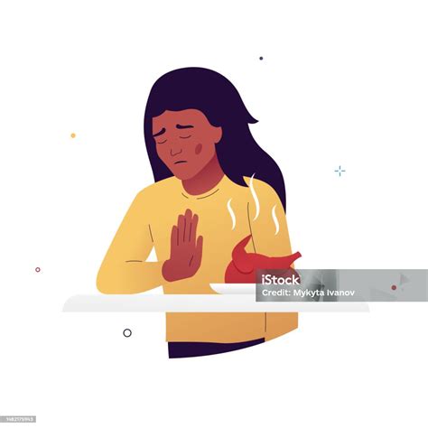 먹기를 거부하는 소녀의 벡터 그림입니다 소녀는 식욕 부진 때문에 먹고 싶지 않습니다 스트레스가 인체 건강에 미치는 영향 바이러스 성 질병 우울증 암의 증상 역겨움에 대한