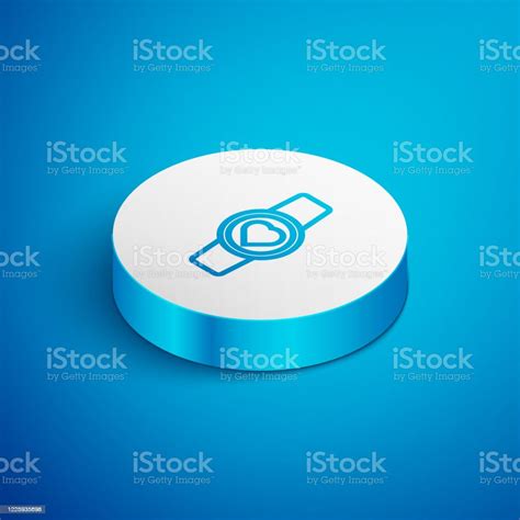 아이소메트릭 라인 스마트 시계는 파란색 배경에 격리 된 심장 박동 속도 아이콘을 보여줍니다 피트니스 앱 개념입니다 흰색 원 버튼 벡터 일러스트레이션 3차원 형태에 대한 스톡