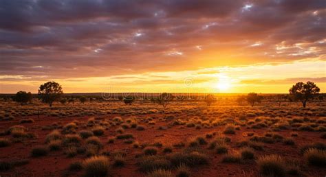 Sunset Over A Vast Australian Outback Landscape With A Reddish Brown