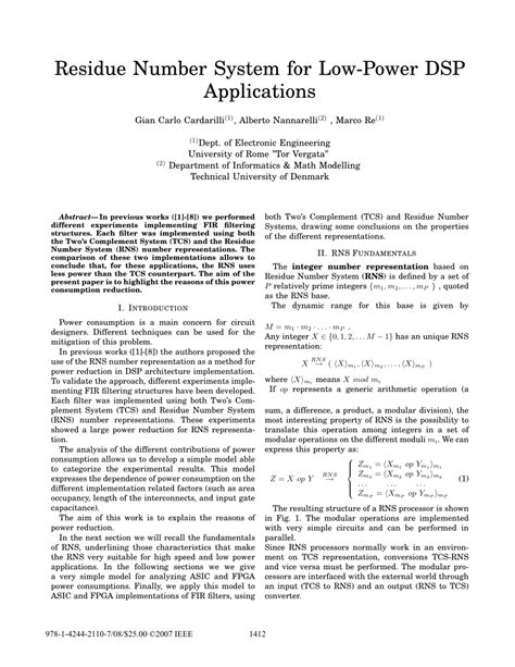 Pdf Residue Number System For Low Power Dsp Applications