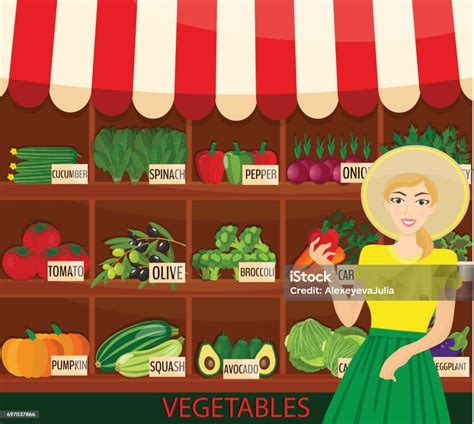여성 판매자와 로컬 야채 스 톨입니다 농부 여자 생산 장사꾼 가지 채소에 대한 스톡 벡터 아트 및 기타 이미지 가지 채소 건강한 생활방식 건강한 식생활 Istock