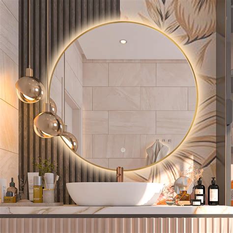 Niccy 24 Led Backlit Round Mirror For Bathroom Gold Framed Vanity Light Wall
