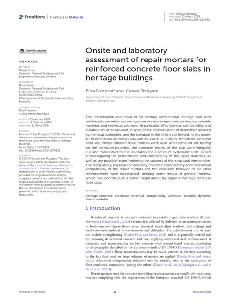 Onsite And Laboratory Assessment Of Repair Mortars For Reinforced Concrete Floor Slabs In