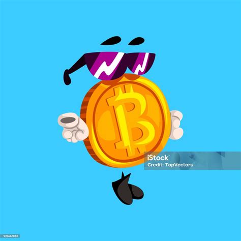 하늘색 배경에 암호화 통화 이모티콘 벡터 일러스트 레이 션 선글라스 재미 Bitcoin 문자 개념에 대한 스톡 벡터 아트 및