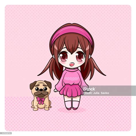 퍼그를 가진 귀엽고 귀여운 소녀 강아지와 함께 행복하게 만화 소녀입니다 벡터 그림입니다 만화 스타일에 대한 스톡 벡터 아트 및 기타 이미지 Istock