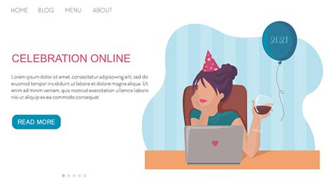 벡터 플랫 일러스트 랜딩 페이지 또는 템플릿 여자 온라인 생일 발렌타인 데이를 축하하고 와인을 마시고 가상 회의를하십시오 개념에 대한 스톡 벡터 아트 및 기타 이미지