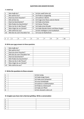 german question and answer revision teaching resources