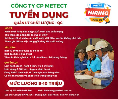 metect tuyển dụng nhân viên qc kiểm soát chất lượng