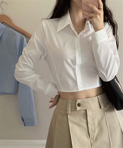 몸매보정 베이직 스판 다트 핀턱 크롭 셔츠 2color 에이블리