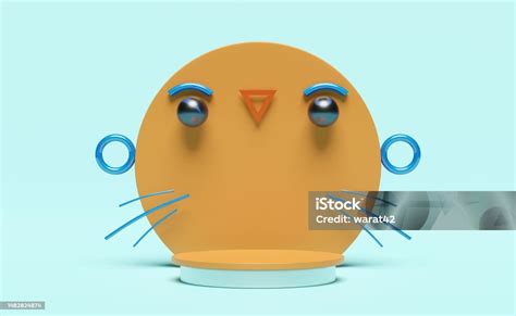 얼굴 모양으로 비어 있는 주황색 연단 현대적인 무대 디스플레이와 미니멀한 모형 추상적인 쇼케이스 배경을 위한 파란색 구성의