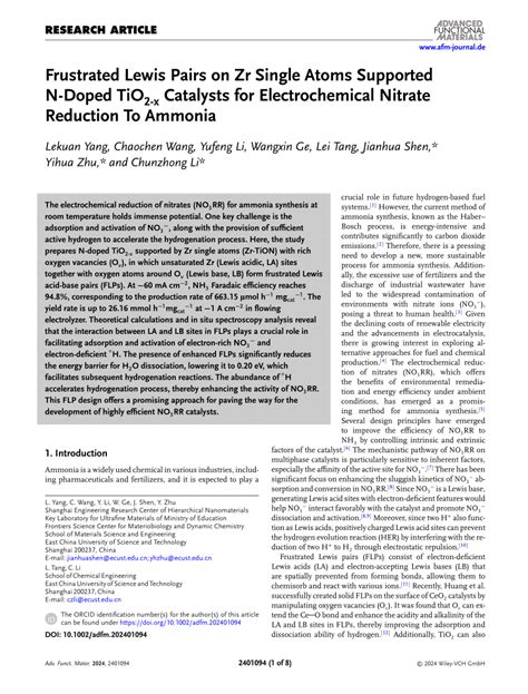Frustrated Lewis Pairs On Zr Single Atoms Supported N‐doped Tio2‐x Catalysts For Electrochemical