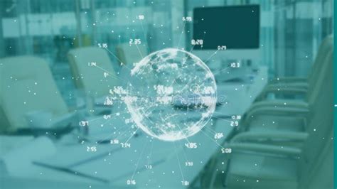 Glowing Globe With Data Points Animation Over Modern Office Conference