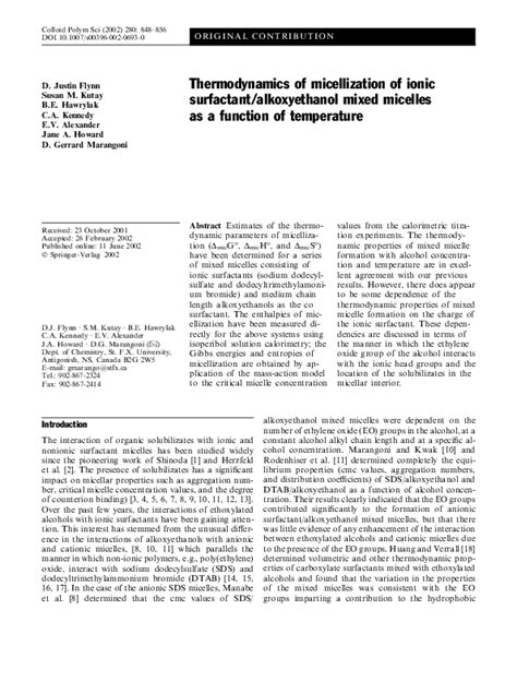 Pdf Thermodynamics Of Micellization Of Ionic Surfactantalkoxyethanol Mixed Micelles As A