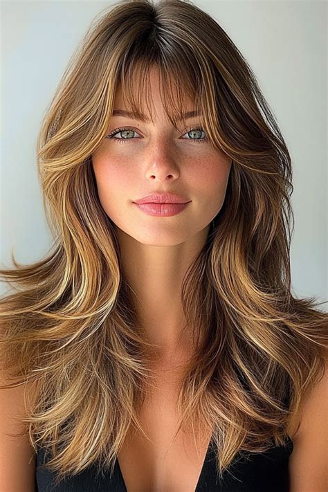 50 Layered Haircuts With Fringe For Long Hair Sun Kissed Layers With Curtain Bangs