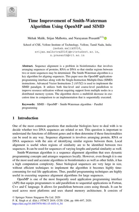Pdf Time Improvement Of Smith Waterman Algorithm Using Openmp And Simd