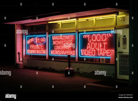 Adult Video Store Neon Signs At Night In New Hampton New York Stock