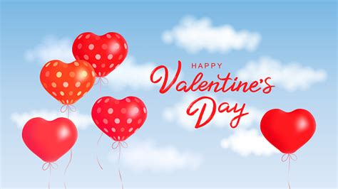 해피 발렌타인 데이 하루손으로 그려진된 화려한 타이포 그래피 레터링 포스터 서식 파일 배너 발렌타인 카드 인사에 대 한 빨간 풍선 급증 및 푸른 하늘 흰 구름으로 그림을