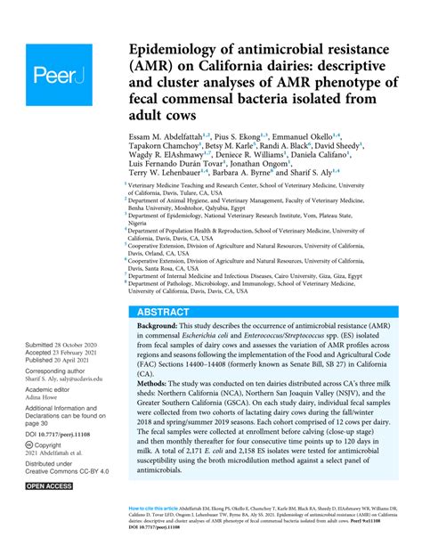 Pdf Antimicrobial Resistance In Fecal Commensal Bacteria Isolated From Dairy Cows In California