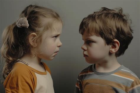 Two Angry Siblings Looking Each Other On Grey Background Premium Ai