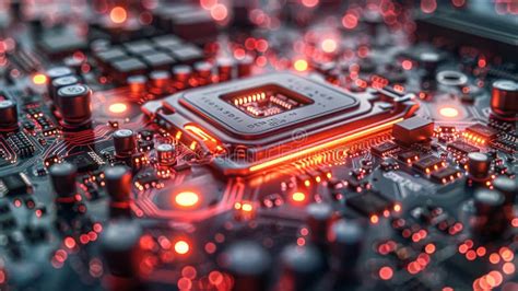 A Computer Chip Is Lit Up In Red Stock Image Image Of Motherboard Semiconductor