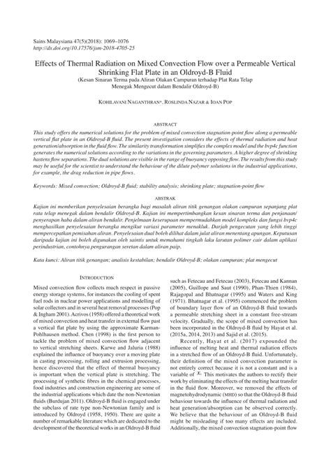 Pdf Effects Of Thermal Radiation On Mixed Convection Flow Over A Permeable Vertical Shrinking