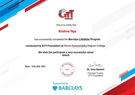 Pulaganti Krishna Teja On Linkedin Barclayslifeskills Gttfoundation Shreegnanambikadegreecollege
