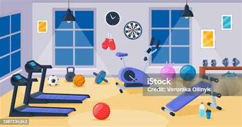 스포츠 피트니스 장비가 구비된 카툰 체육관 인테리어룸 스포츠 요소 피트니스 룸 인테리어 벡터 일러스트 아령 러닝머신 운동 자전거