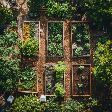 Aerial View Of A Rectangular Garden Plot With Mulch And Rows Of Plants