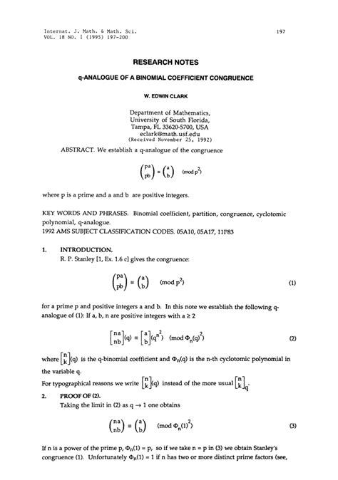 Pdf Q Analogue Of A Binomial Coefficient Congruence