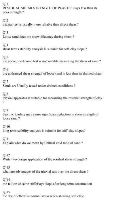 Q1 Residual Shear Strength Of Plastic Clays Less