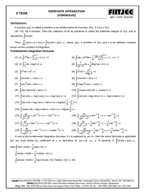 Indefinite Integration Formulas Mgk Pdf Function Mathematics Trigonometric Functions