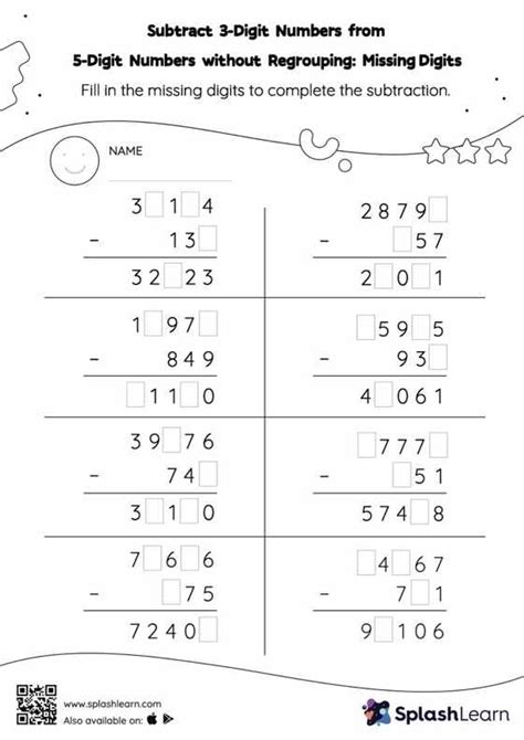 Subtract 3 Digit Numbers From 5 Digit Numbers Without Regrouping