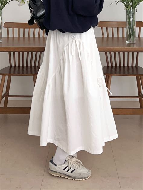 포트린 리본 밴딩플레어스커트 2color 셔링스커트 화이트롱스커트