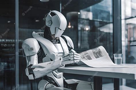 Premium Photo A Robot Reads A Newspaper In A Cafe Generative Ai 3