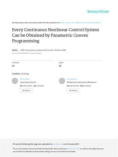 Pdf Every Continuous Nonlinear Control System Can Be Obtained By Parametric Convex Programming