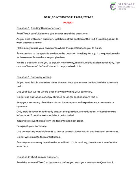 Igcse English Paper 1 Pointers Pdf Question Word