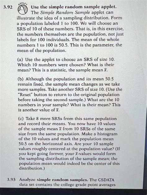 solved 3 92 use the simple random sample applet the simple