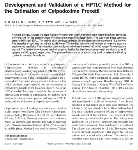 Pdf Development And Validation Of Hptlc Method For The Estimation Of