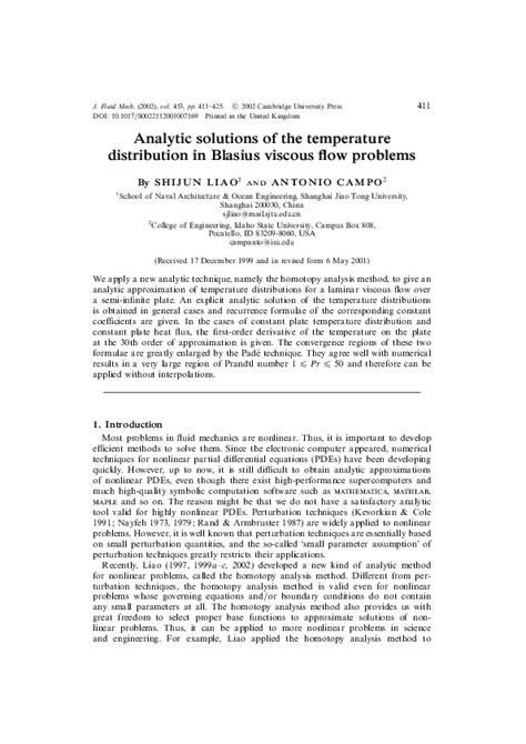 Pdf Analytic Solutions Of The Temperature Distribution In Blasius Viscous Flow Problems