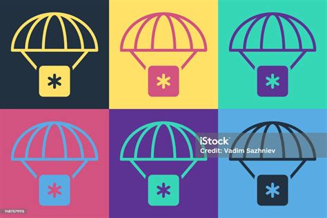 팝 아트 인도주의적 원조 아이콘은 컬러 배경에 분리되어 있다 의료화물은 낙하산으로 접근하기 어려운 곳으로 내려갑니다 벡터 개념에 대한 스톡 벡터 아트 및 기타 이미지