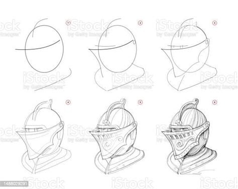 페이지는 고대 기사 헬멧의 스케치를 그리는 법을 배우는 방법을 보여줍니다 연필 그리기 수업 아티스트를 위한 교육 페이지입니다 예술적 기술 개발을위한 교과서 온라인 교육 벡터